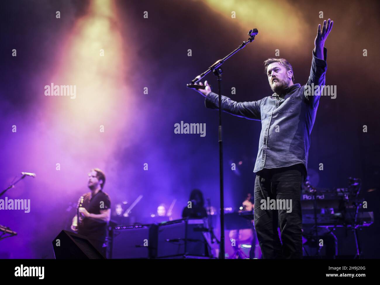 Guy Garvey of Elbow live on stage at the O2 Arena in London, the last ...