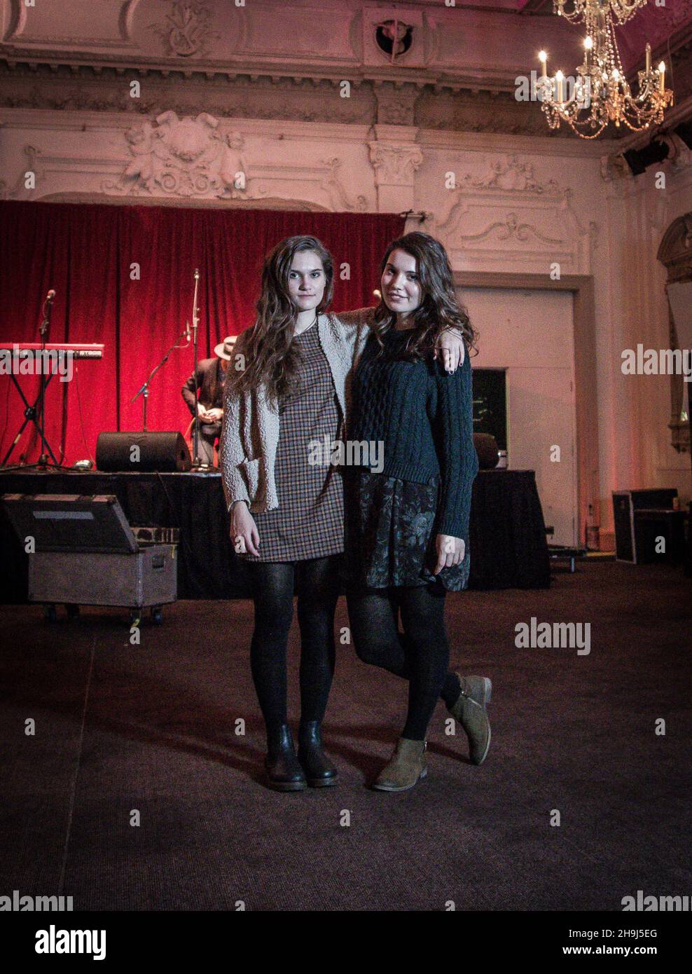 Lily and Madeleine posing for portraits before their gig at Bush Hall ...