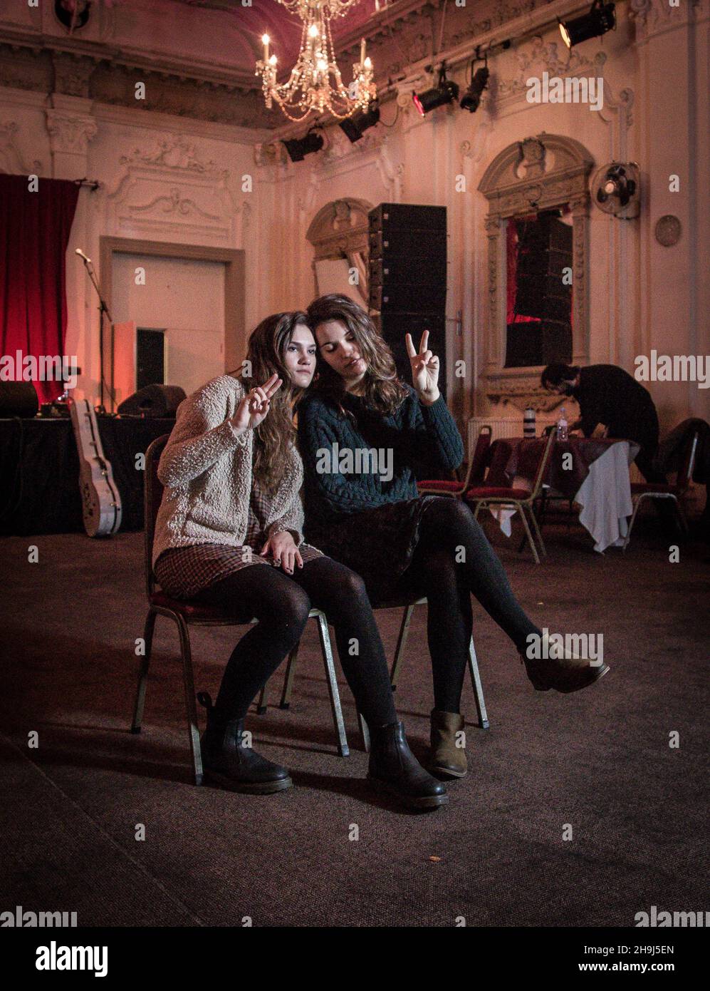 Lily and Madeleine posing for portraits before their gig at Bush Hall ...