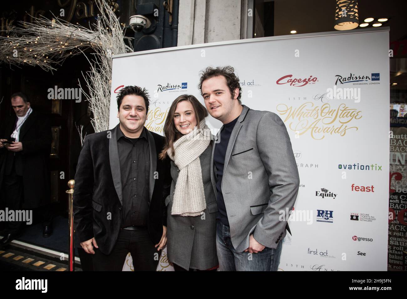 Nathan Amzi (left) and friends arriving at The Whatsonstage Theatre ...