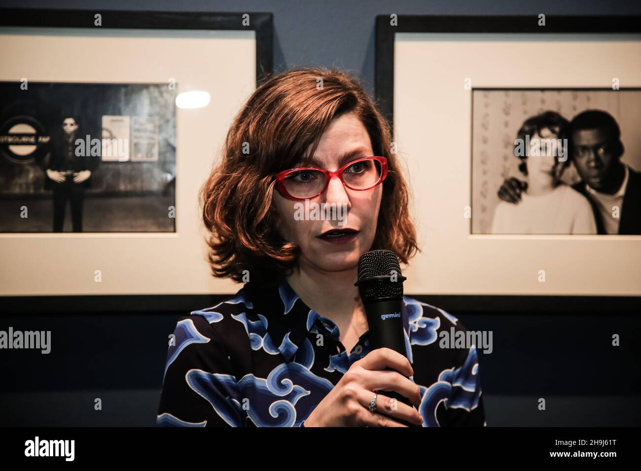 The curator of the exhibition, Dr Kimberly Keith, speaks at the press ...