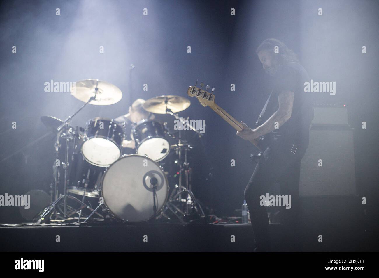 Bass player in Danish rock band Mew, Johan Wohlert, at the Roundhouse ...