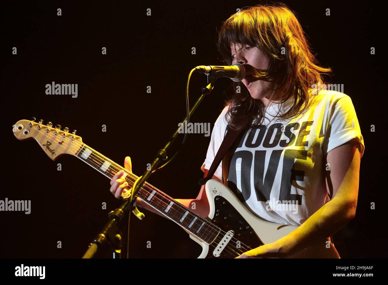 Courtney Barnett and her band performing live on stage at The O2 Forum ...