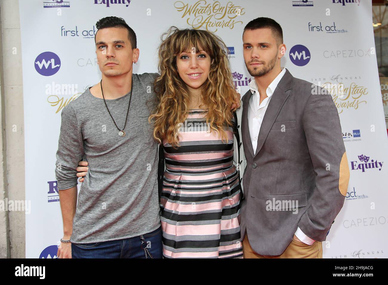 Carrie Fletcher (centre) arriving at the 2015 WhatsOnStage Awards at ...
