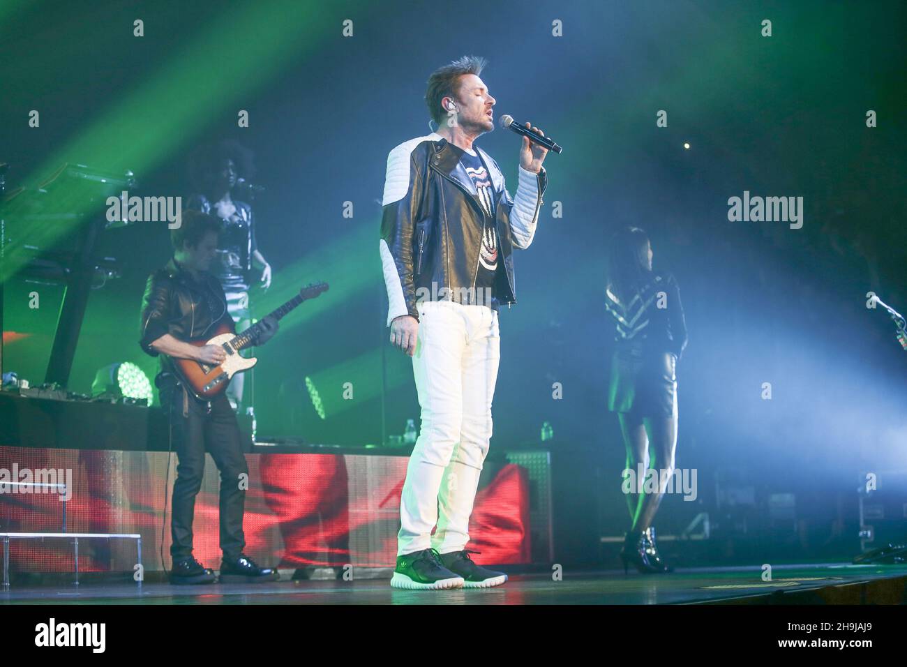 Simon le Bon of Duran Duran performing live on stage at the O2 Arena in ...