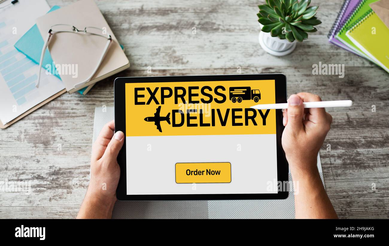 Express delivery form on screen, transportation and logistic concept ...