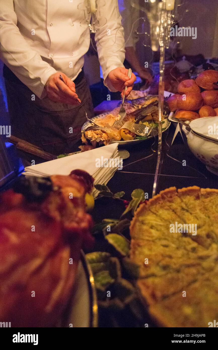 Food being served at a buffet banquet at an office party at Bush Hall ...