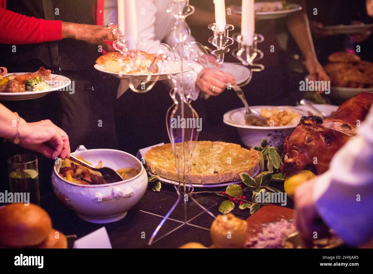 Food being served at a buffet banquet at an office party at Bush Hall ...