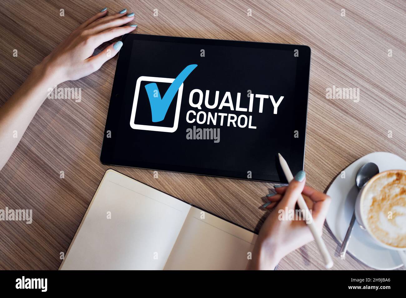 Quality control check box on device screen. Standards and certification ...