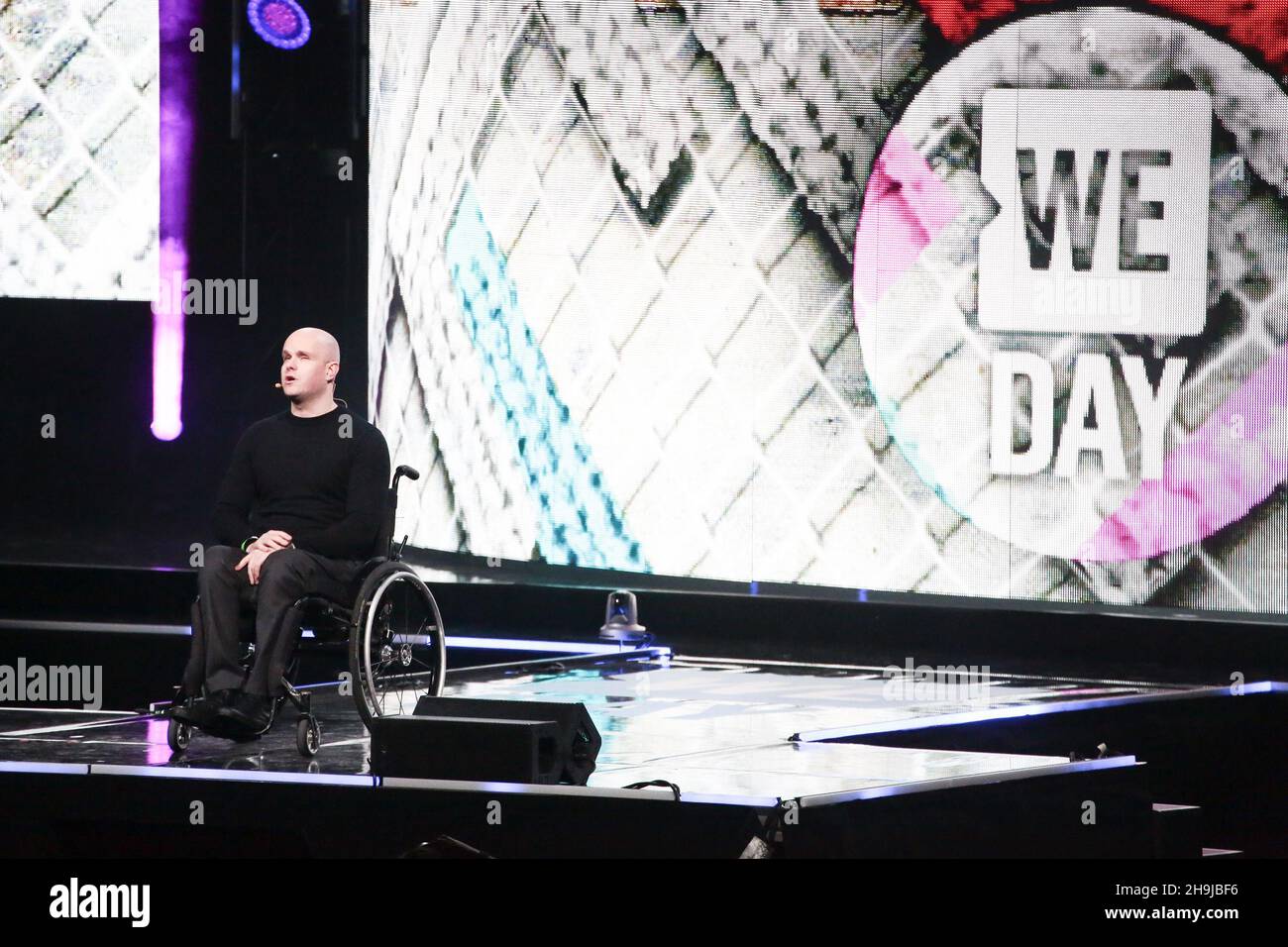 Mark Pollock speaking on stage at the 2016 We Day charity event at ...