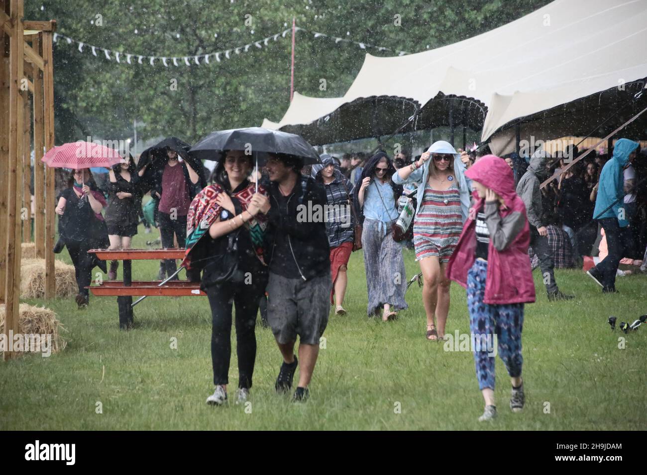 Festival goers in the rain on the first day of the Field Day Festival ...