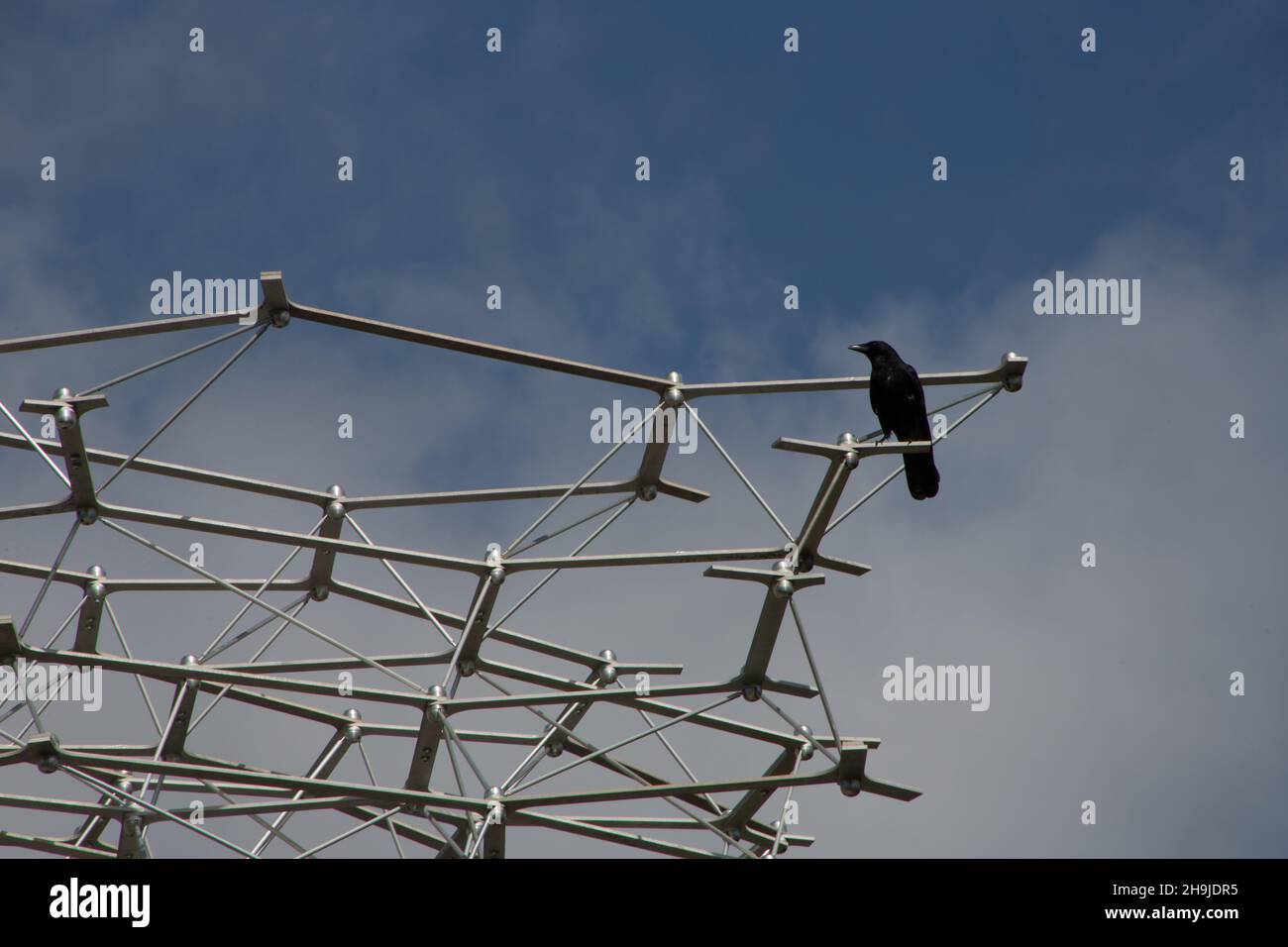 A detail of The Hive pavilion with a raven perched on it. The Hive was ...