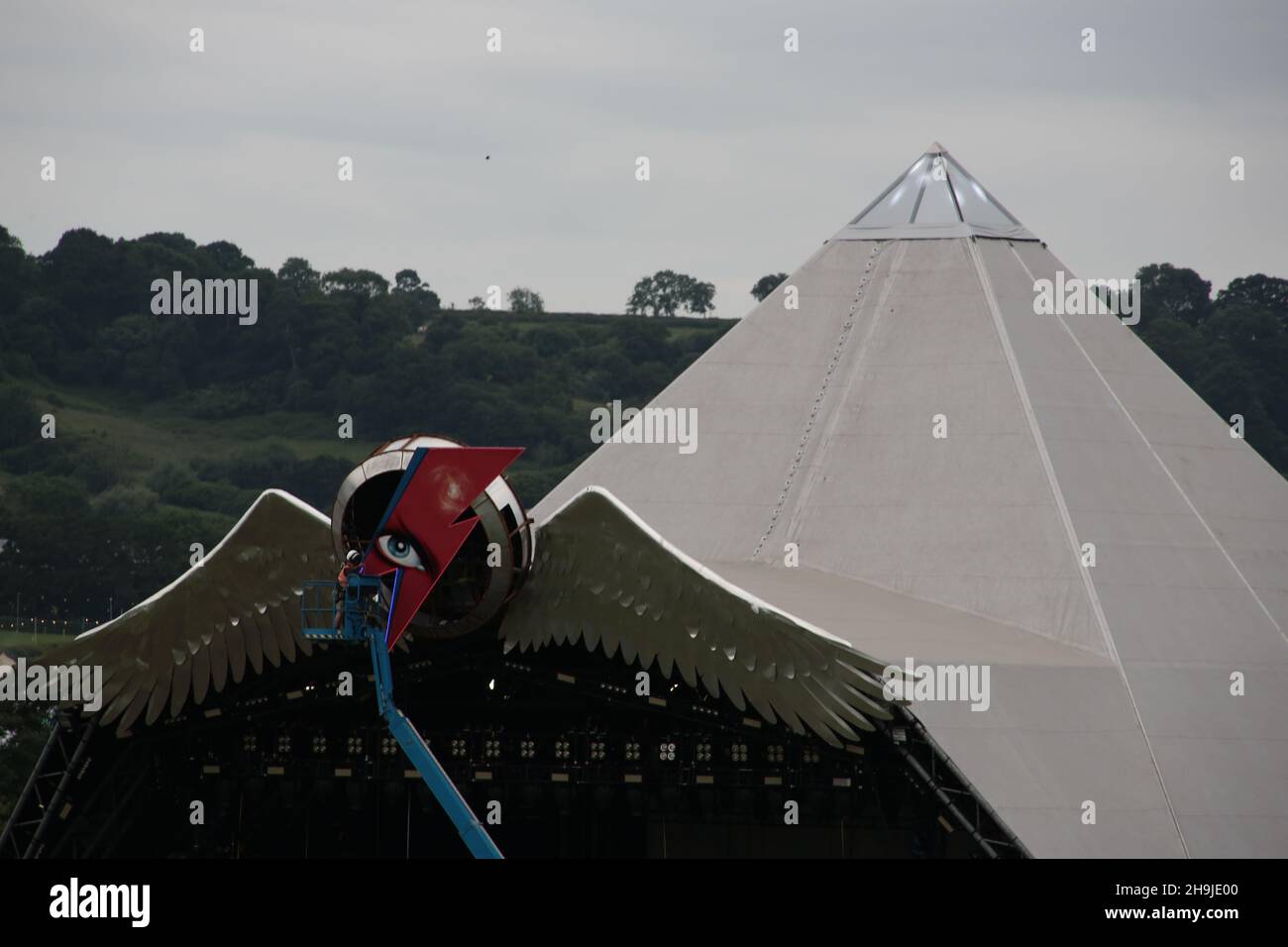 Workmen put the final touches to the tribute to David Bowie, a ...