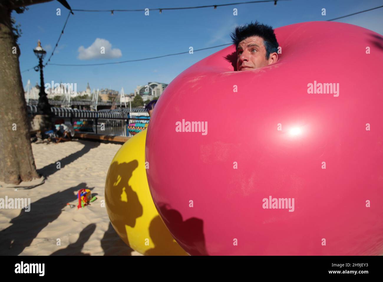 New York clown duo Acrobuffos performing part of Air Play, part of ...