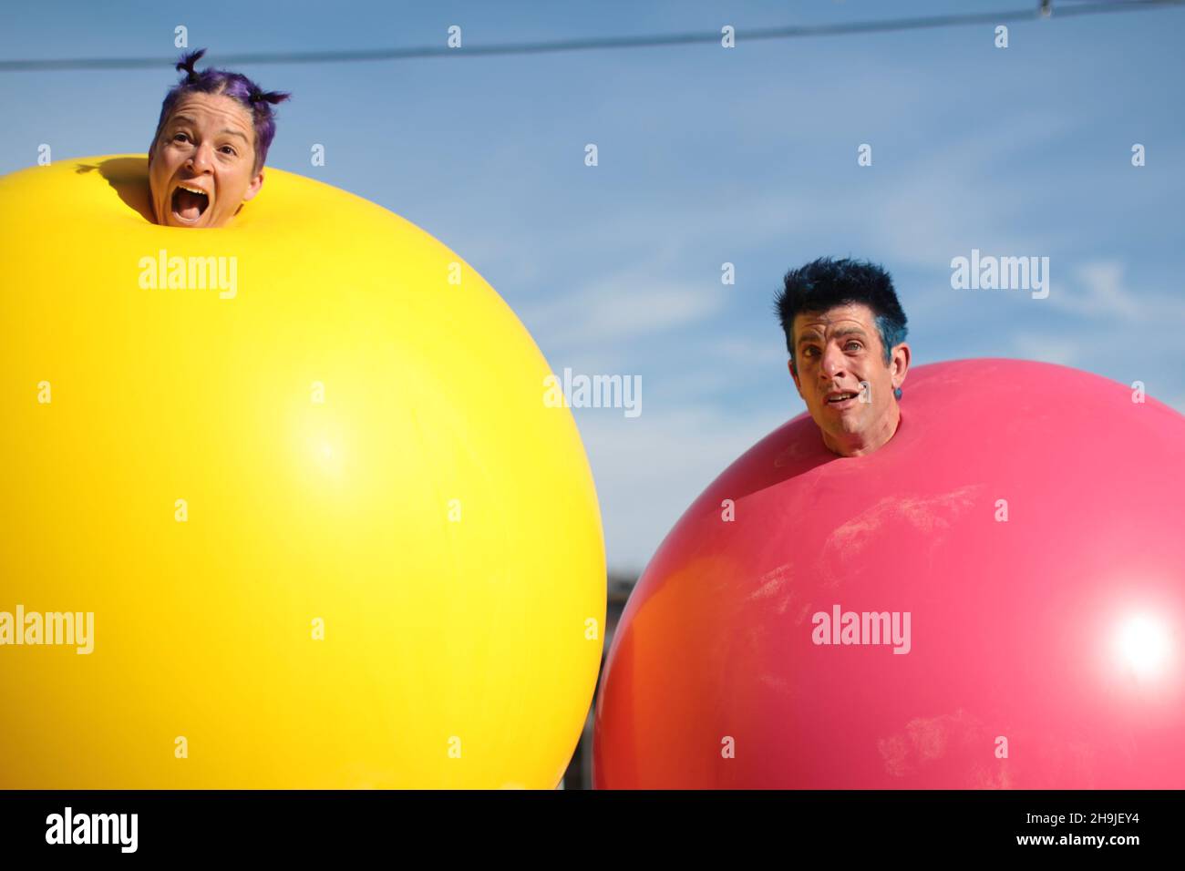 New York clown duo Acrobuffos performing part of Air Play, part of ...
