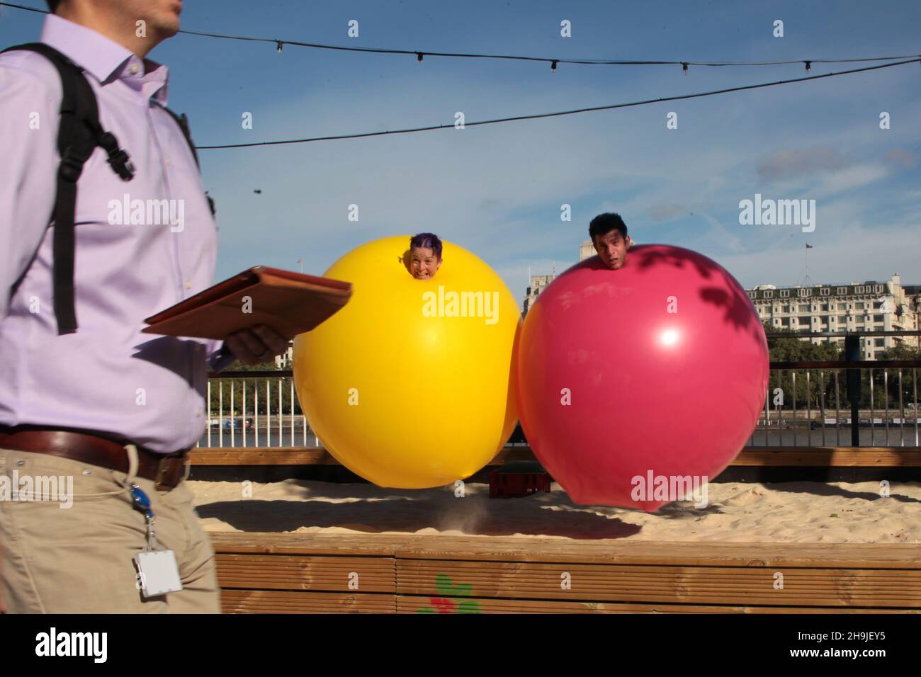 New York clown duo Acrobuffos performing part of Air Play, part of ...