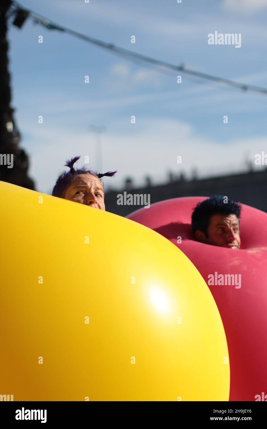New York clown duo Acrobuffos performing part of Air Play, part of ...