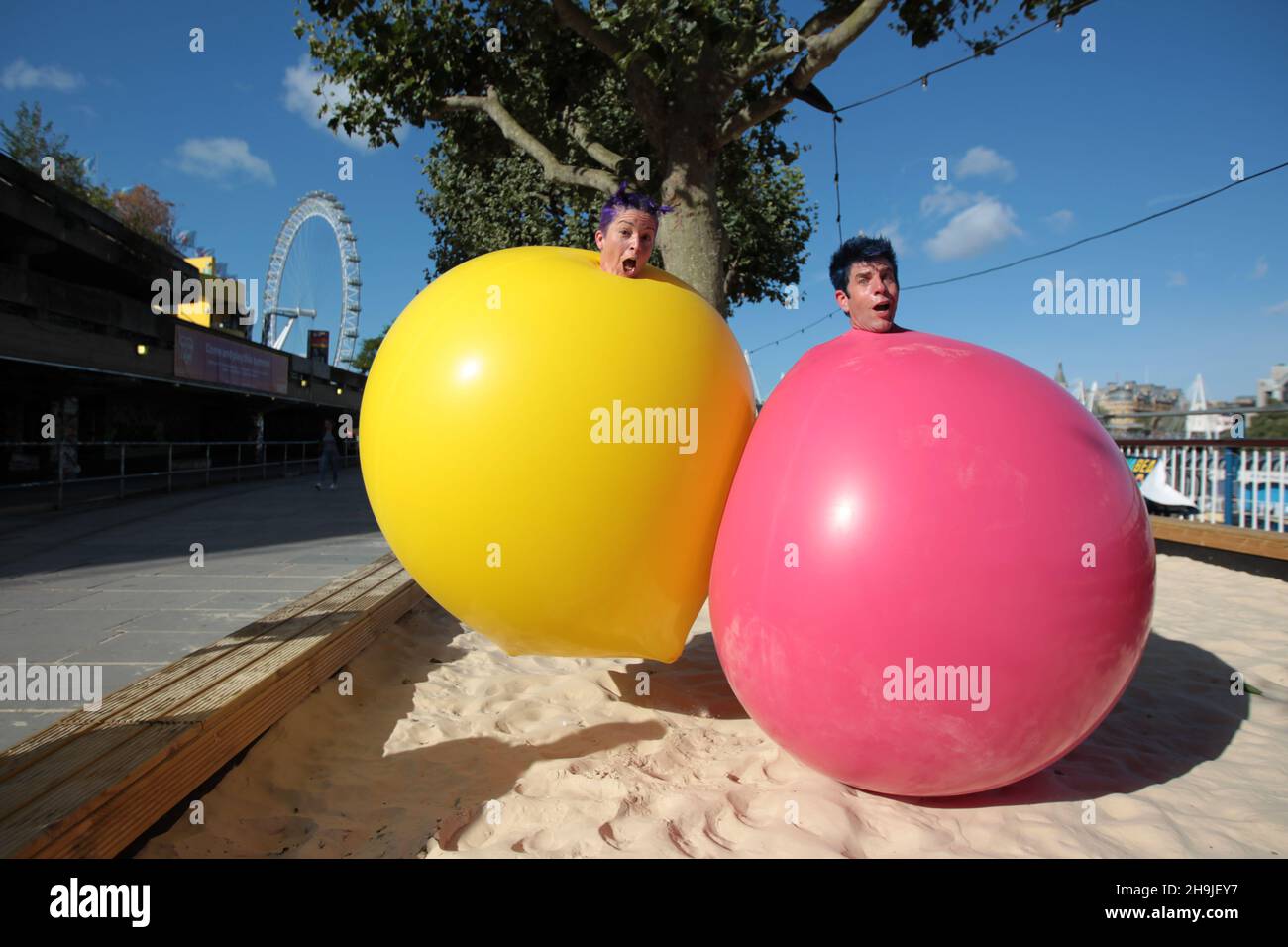 New York clown duo Acrobuffos performing part of Air Play, part of ...