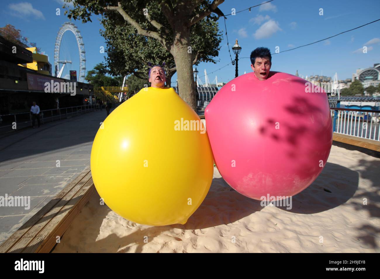 New York clown duo Acrobuffos performing part of Air Play, part of ...