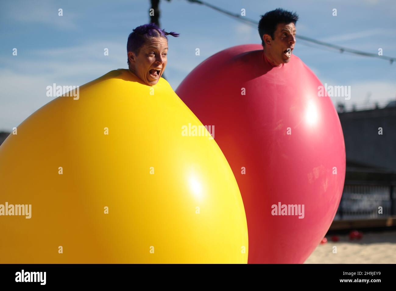 New York clown duo Acrobuffos performing part of Air Play, part of ...