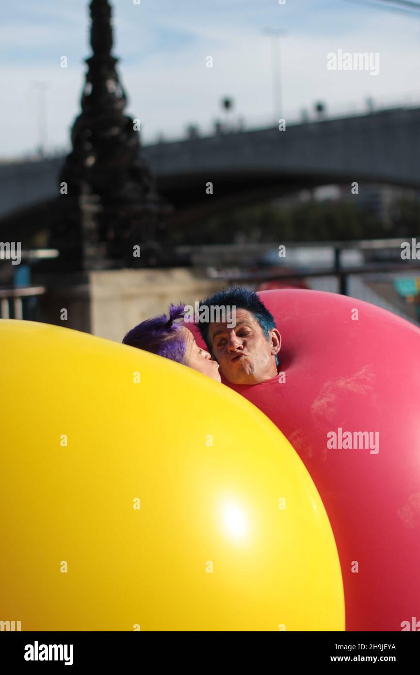 New York clown duo Acrobuffos performing part of Air Play, part of ...