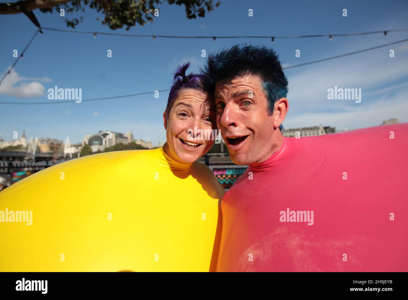 New York clown duo Acrobuffos performing part of Air Play, part of ...