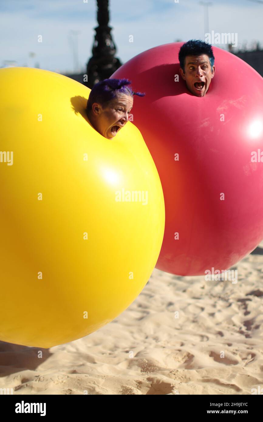 New York clown duo Acrobuffos performing part of Air Play, part of ...