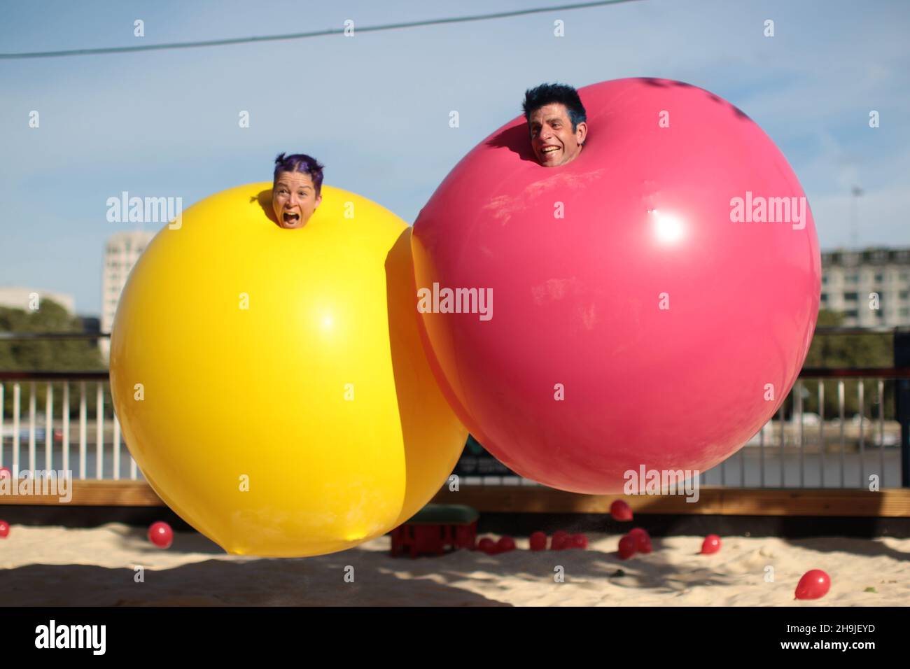 New York clown duo Acrobuffos performing part of Air Play, part of ...