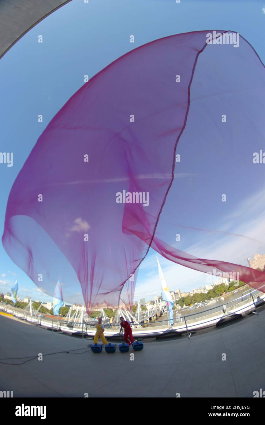 New York clown duo Acrobuffos performing part of Air Play, on the roof ...