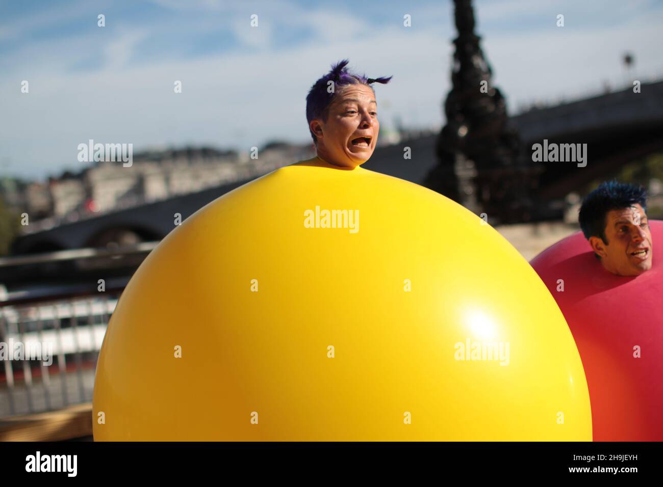 New York clown duo Acrobuffos performing part of Air Play, part of ...