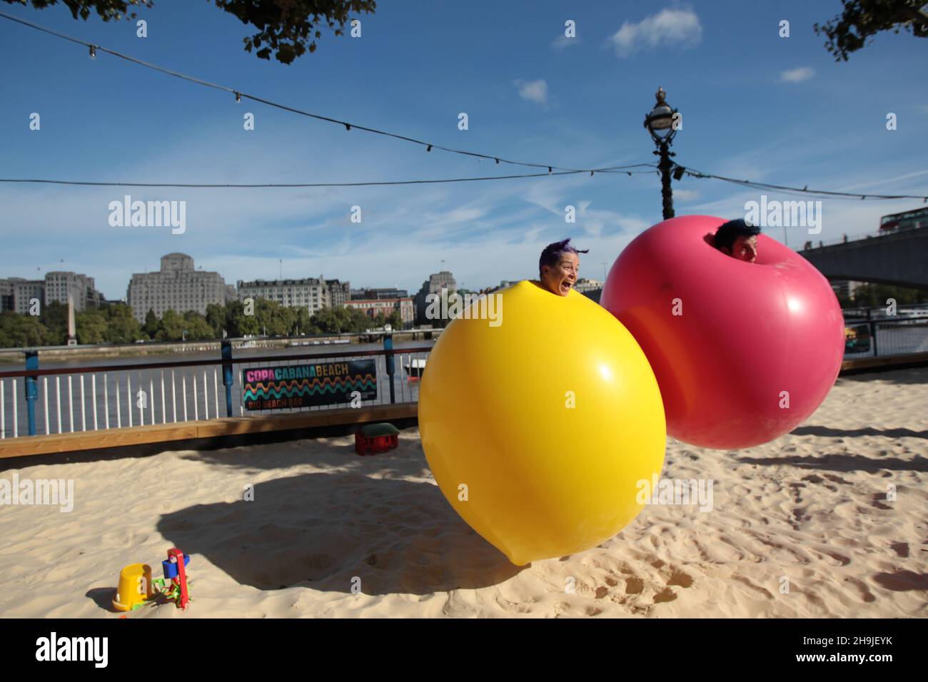 New York clown duo Acrobuffos performing part of Air Play, part of ...