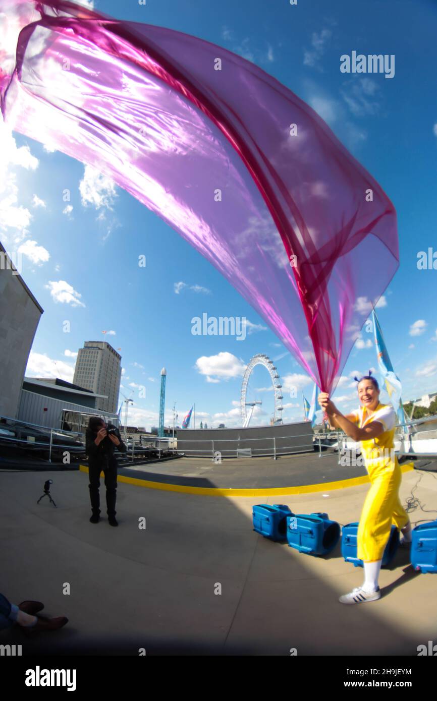 New York clown duo Acrobuffos performing part of Air Play, on the roof ...
