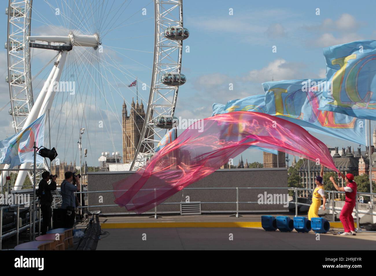 New York clown duo Acrobuffos performing part of Air Play, on the roof ...