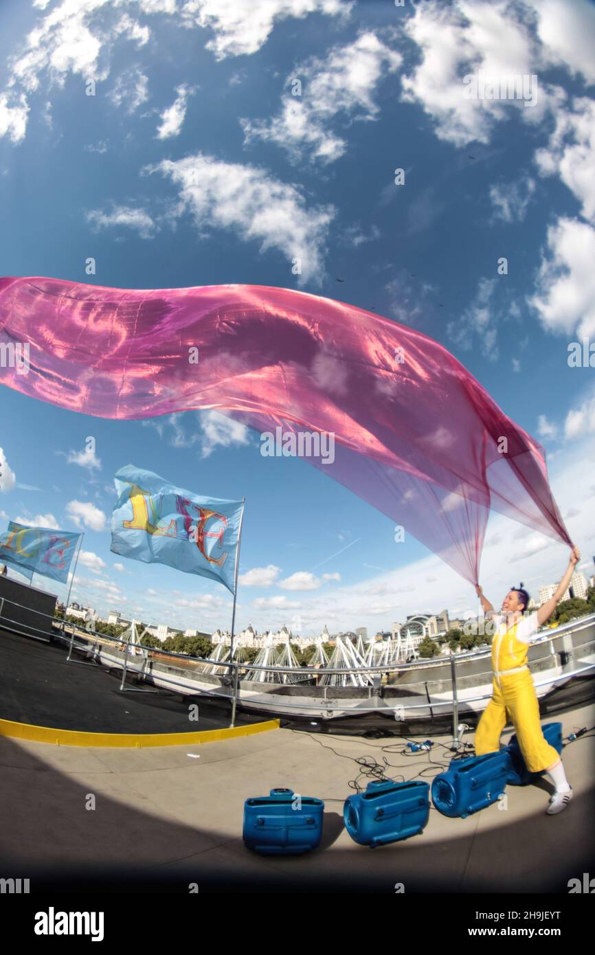 New York clown duo Acrobuffos performing part of Air Play, on the roof ...