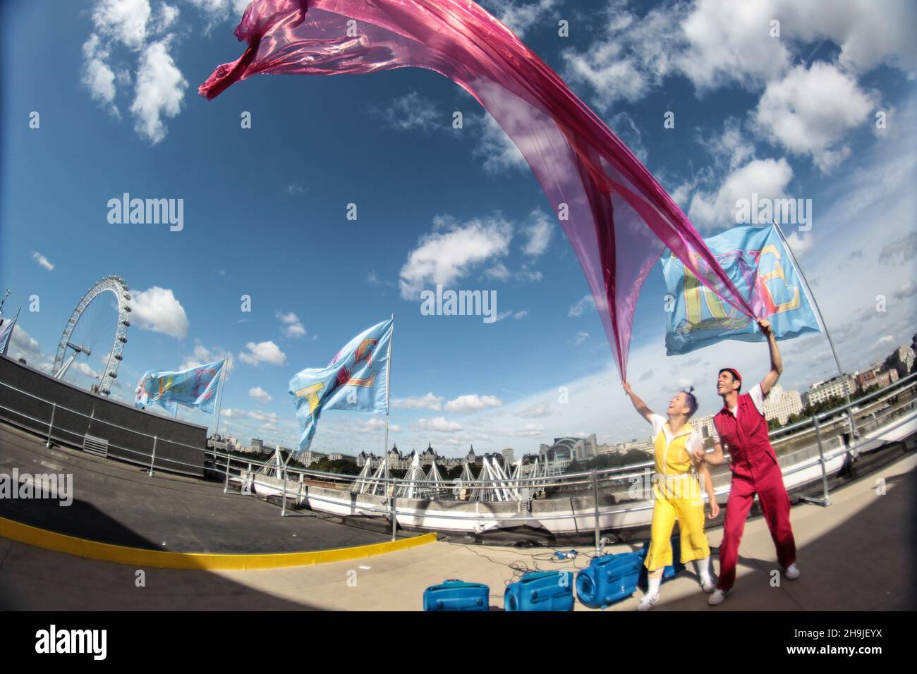 New York clown duo Acrobuffos performing part of Air Play, on the roof ...