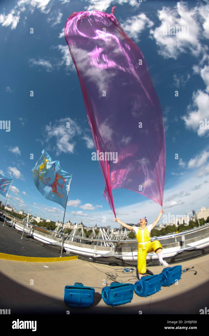 New York clown duo Acrobuffos performing part of Air Play, on the roof ...
