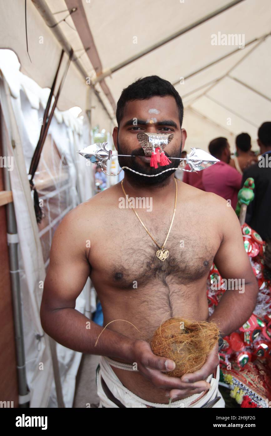 A Hindu devotee wearing a 'vels', symbolic spears that pierce through ...