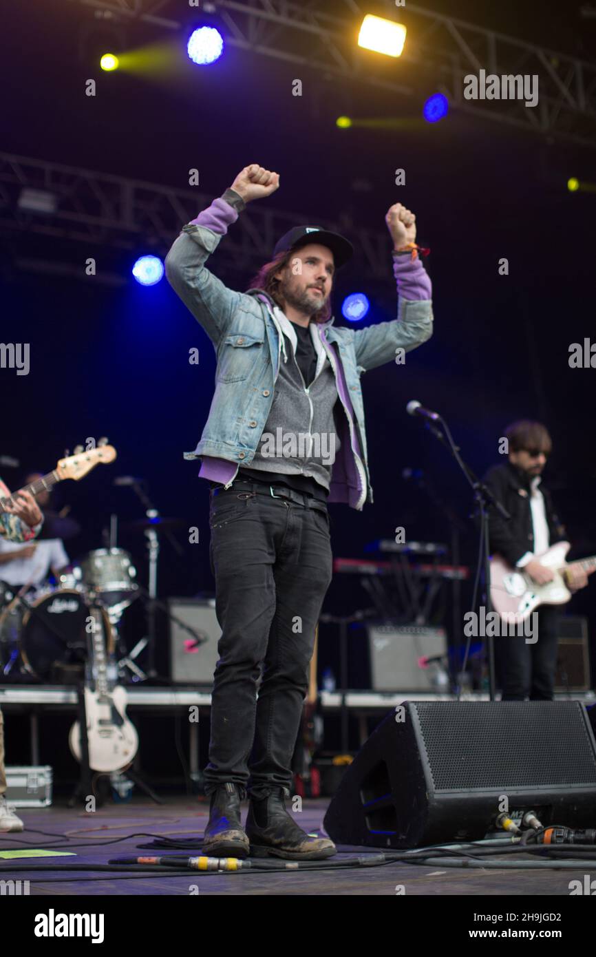Kevin Drew of Broken Social Scene performing on the Woods Stage on day ...
