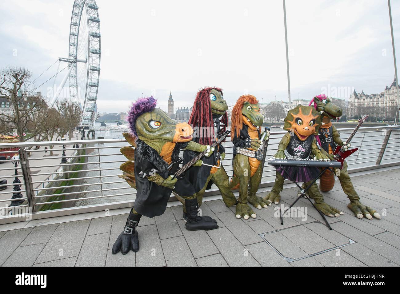 Finnish children's rock band Hevisaurus pose for photos outside the ...