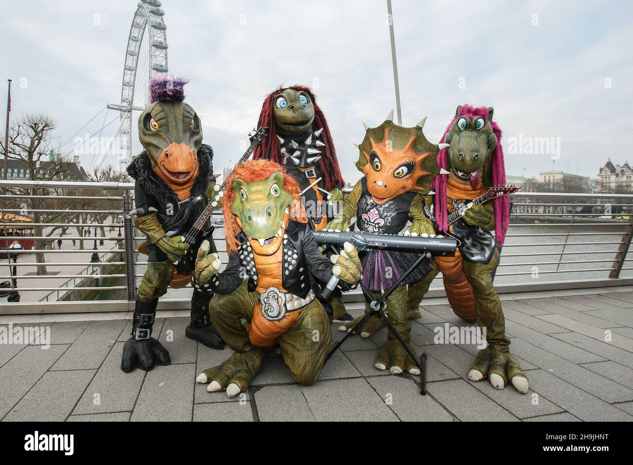 Finnish children's rock band Hevisaurus pose for photos outside the ...
