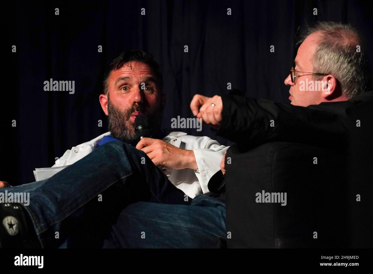 Shaun Keaveny chatting with Robin Ince on the Speak Easy stage on day 2 ...