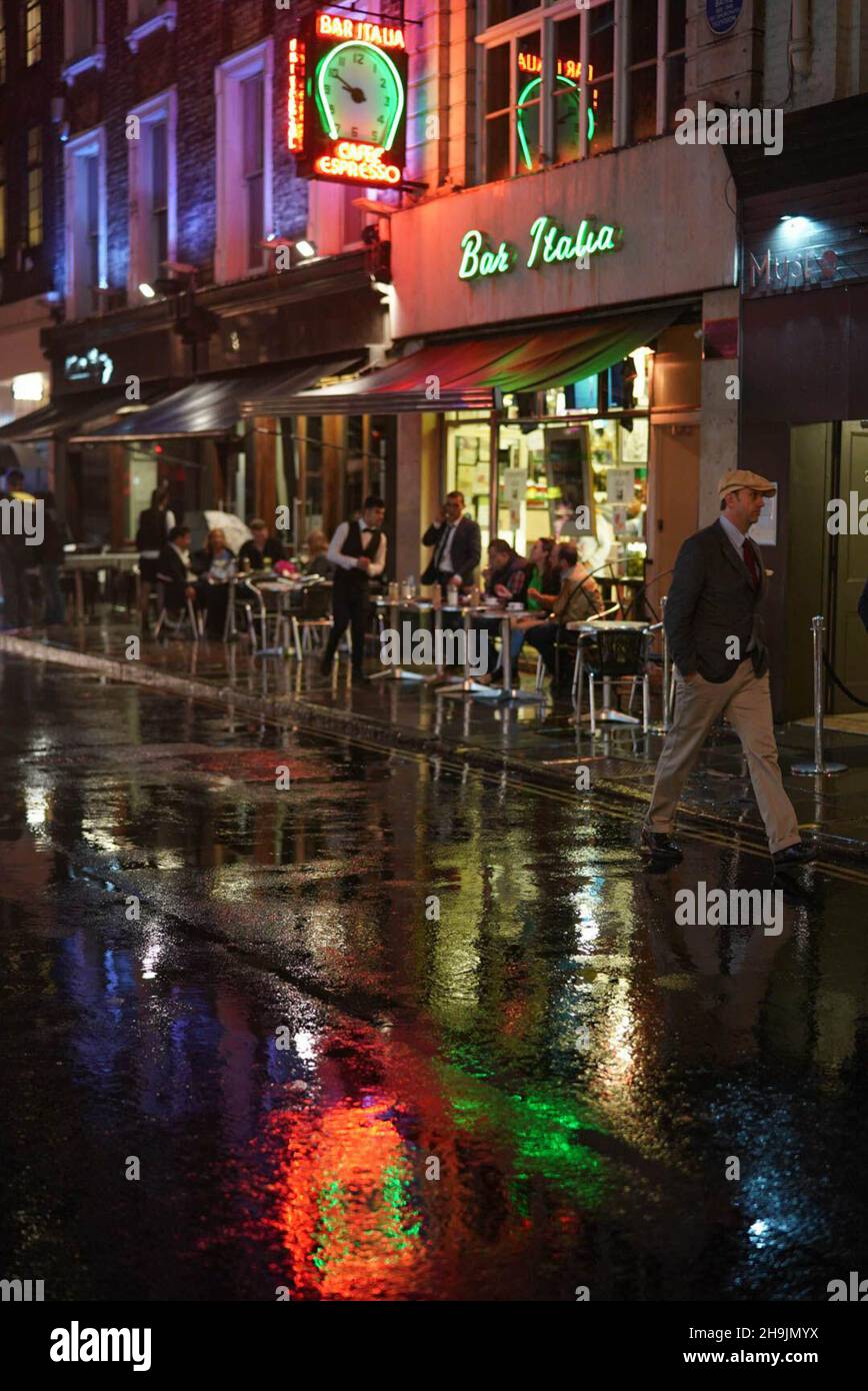 A view of the coffee bar Bar Italia on Frith Street on a rainy night in ...
