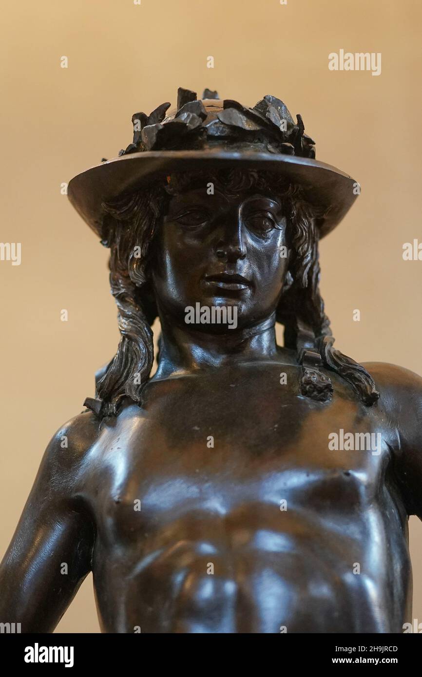 A detail view of a sculpture called David by early Renaissance sculptor ...
