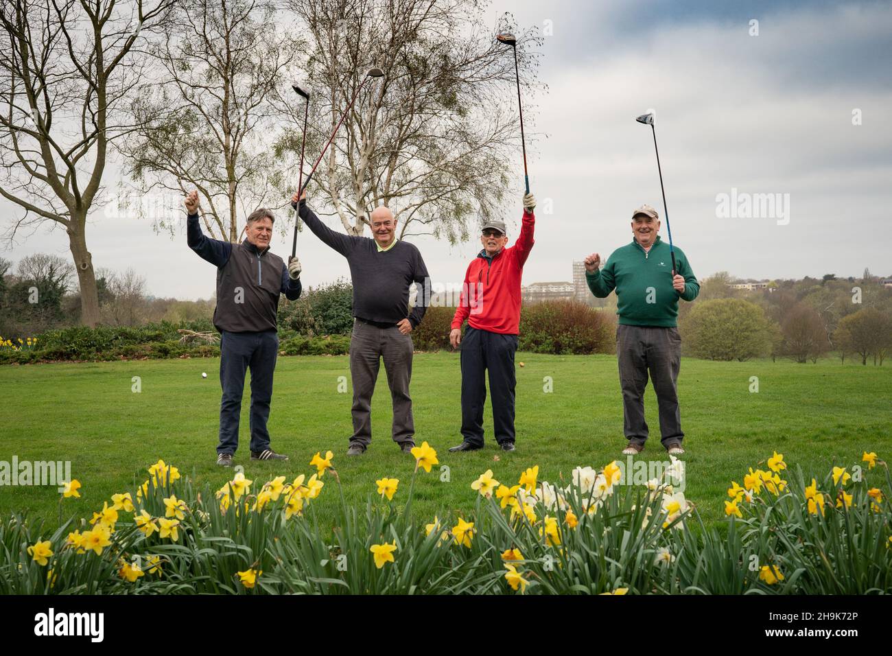 Golfers at Brent Valley Golf Course on the day golf returns as part of ...