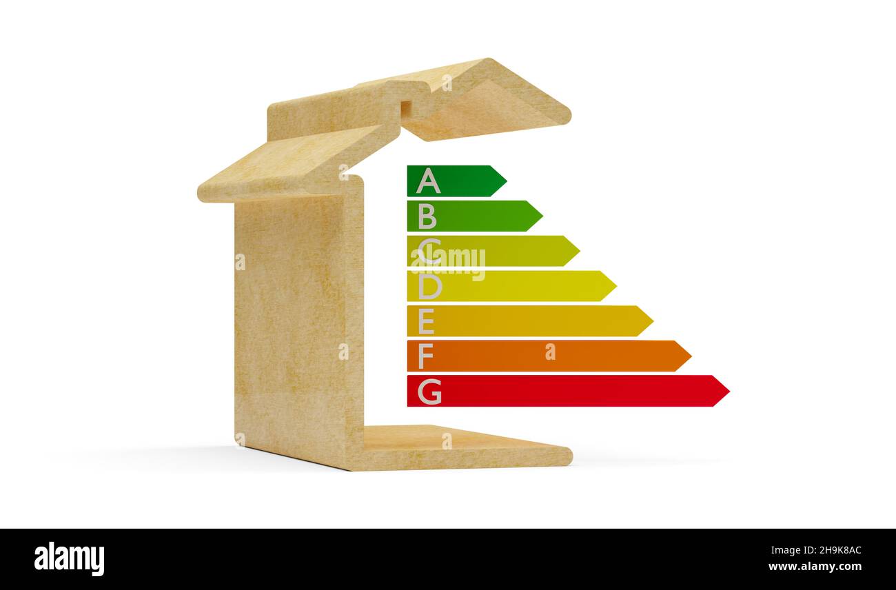 European energy classification label in wooden house outline shape on ...