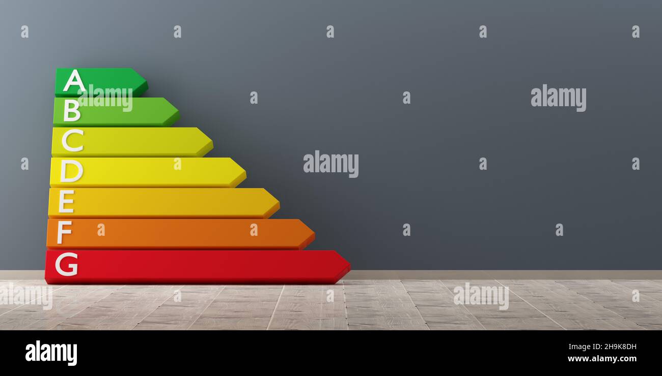 European energy classification label in room with dark wall background ...