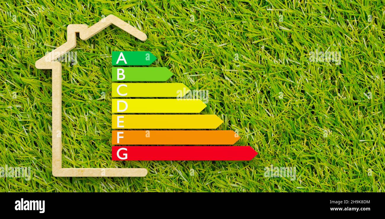 European energy classification label in wooden house outline shape on ...