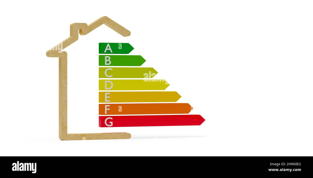European energy classification label in wooden house outline shape on ...