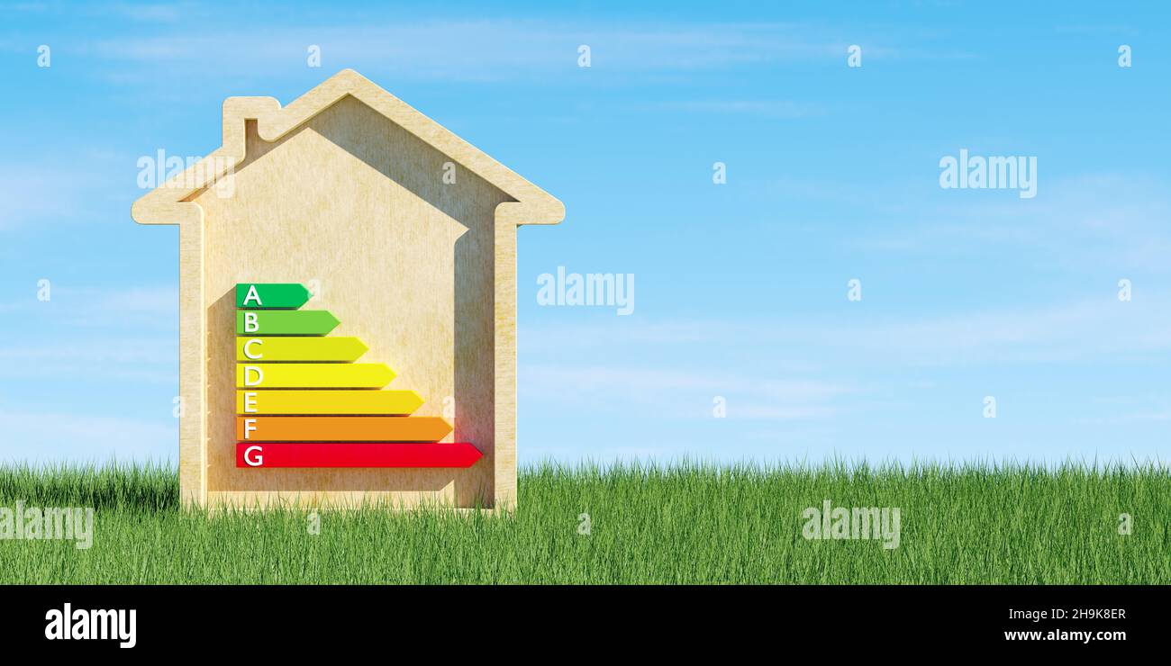 European energy classification label in wooden house on grass with blue ...