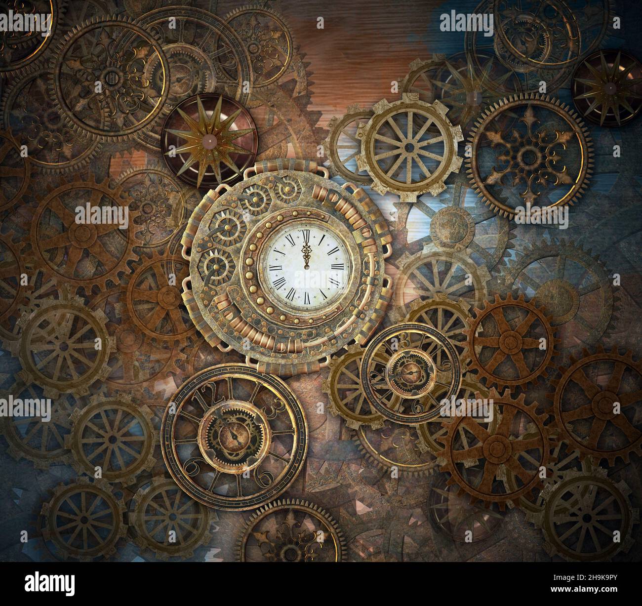 Rusty steampunk background with clock and different kinds of gears ...